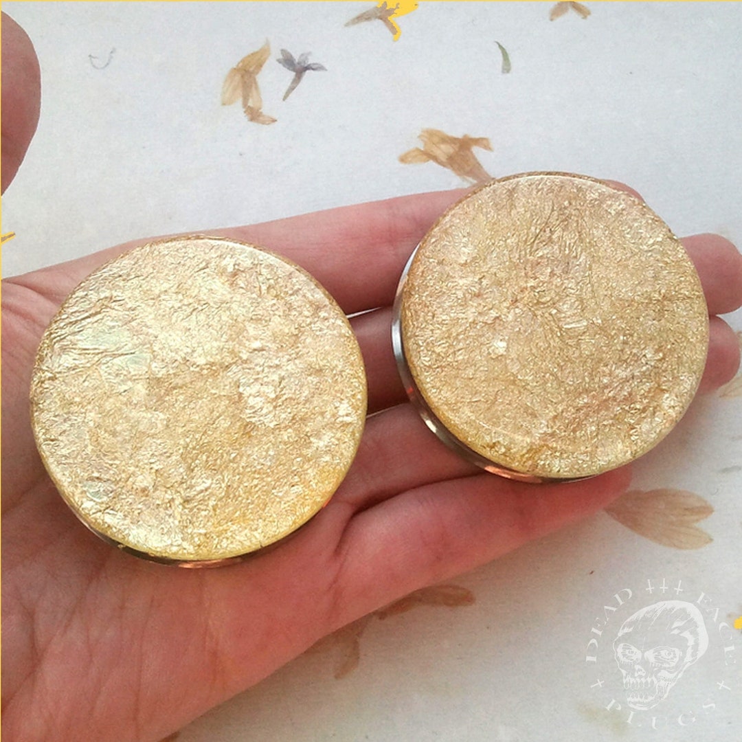 Pure Gold Plugs Gauges for Stretched Ears Sparkly Glitter Leaf Jewelry ...