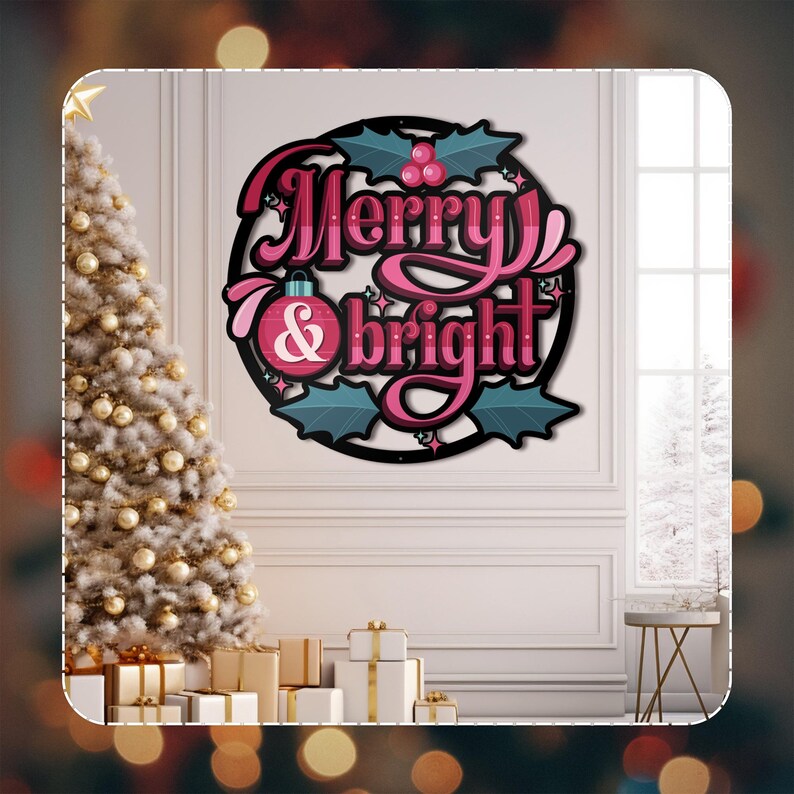 Merry & Bright Christmas Metal Art - Christmas Tree Lights Celebration ...