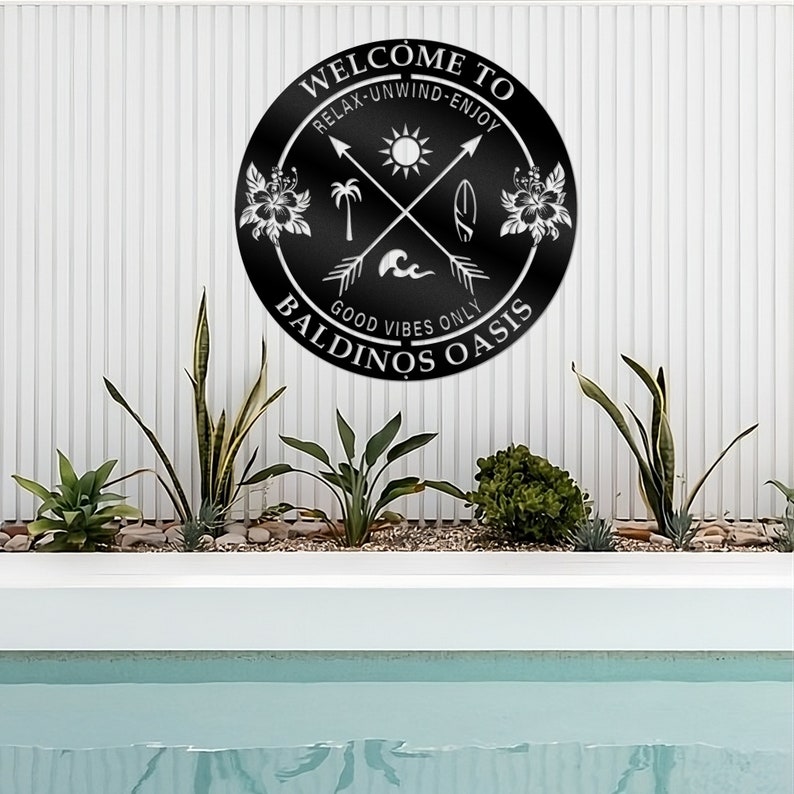 Custom Last Name Poolside Oasis Sign - Tropical Backyard Sign - Custom ...