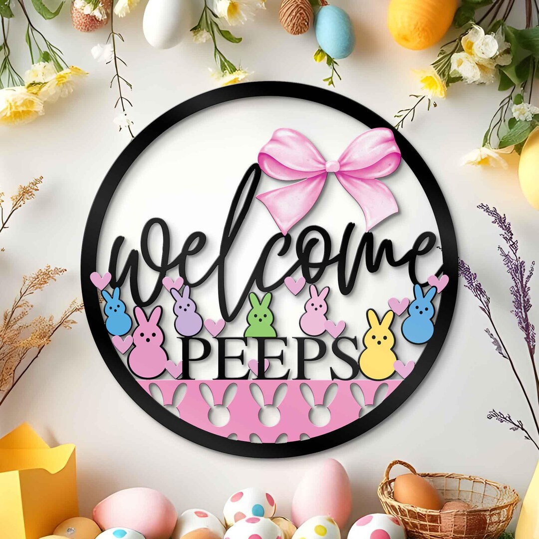 Easter Welcome Peeps Metal Sign - Easter Bunny Metal Sign - Spring Decor With Pastel Eggs and ...