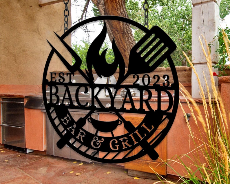 Customized Backyard Bar & Grill Sign - Modern Barbecue Metal Art ...