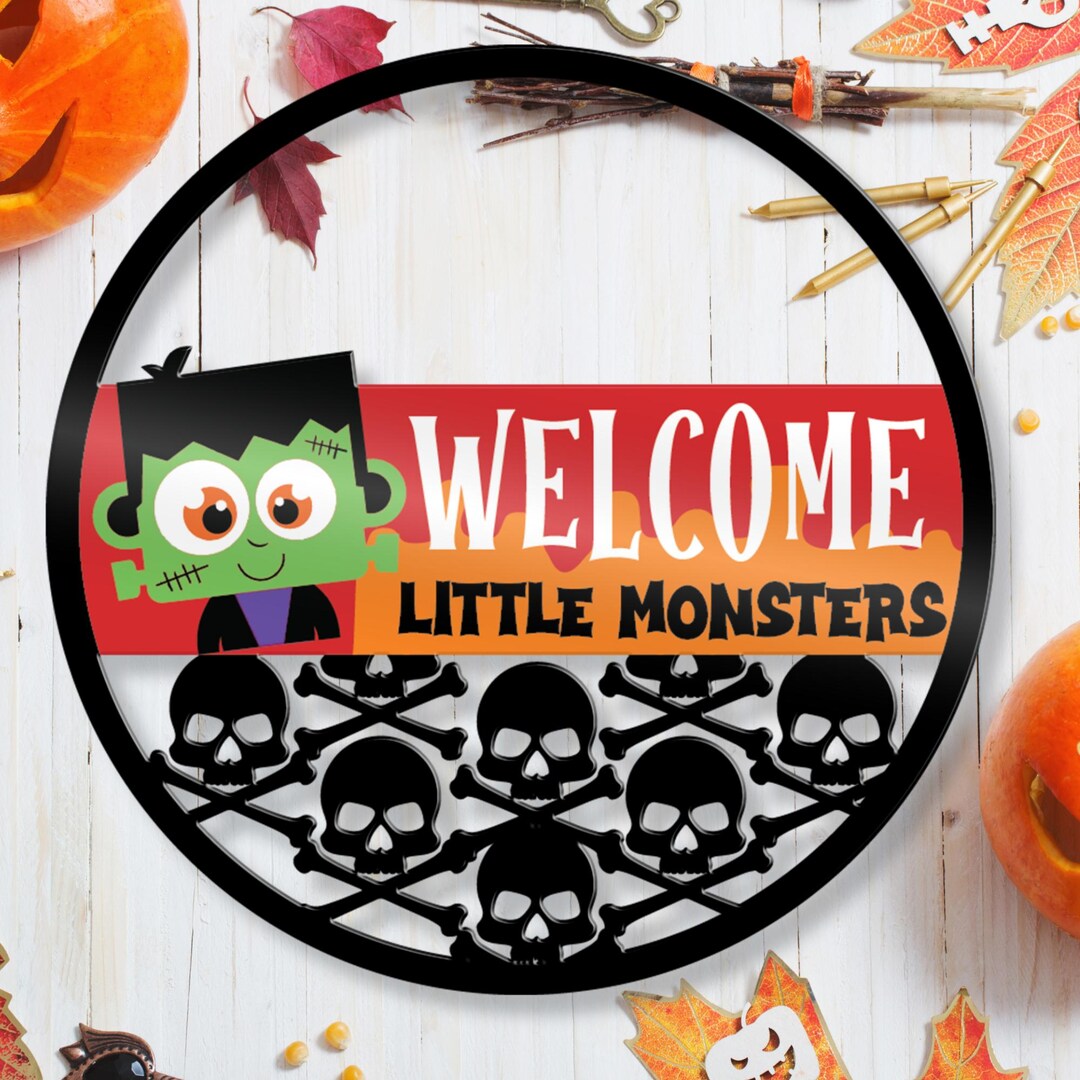 Halloween Frankenstein Metal Sign - Welcome Little Monster Wall Hanging ...