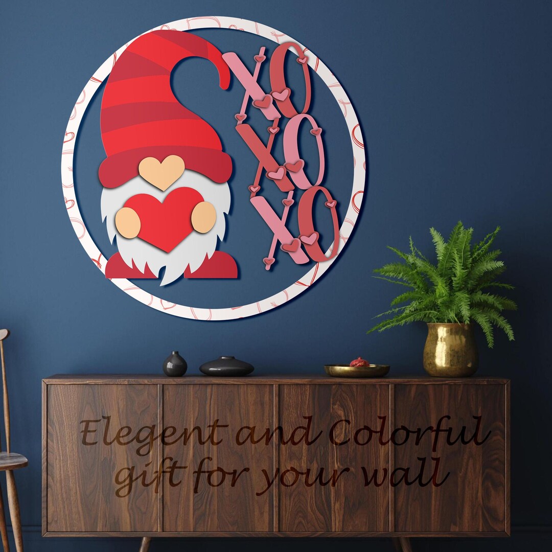 XOXOXO Valentine Metal Sign, Gnome Heart Round Metal Wall Decor, Cute ...