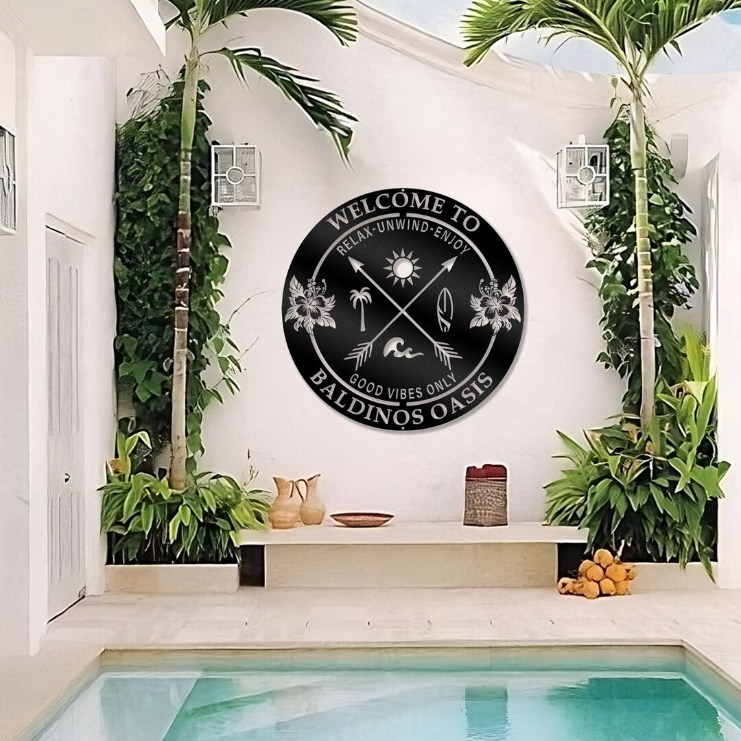 Custom Last Name Poolside Oasis Sign - Tropical Backyard Sign - Custom ...