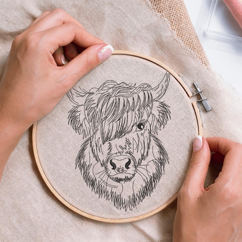 Scottish Highland Cow Embroidery Design, Line Art Embroidery Design ...