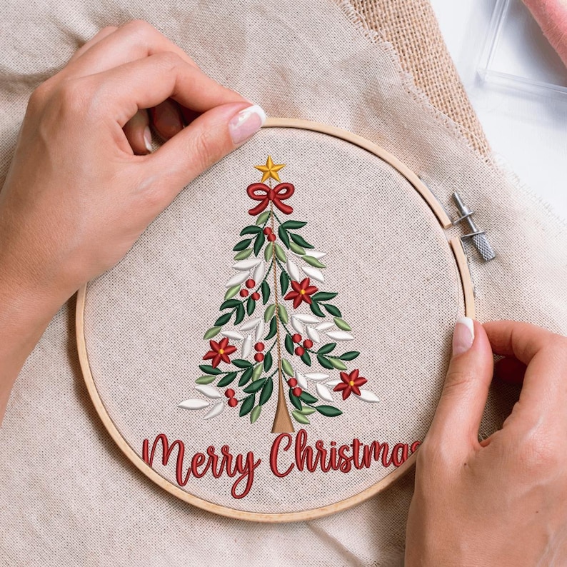 Vintage Christmas Tree Embroidery Design: Minimalist Holiday Decor ...