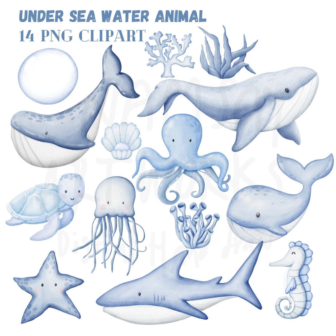 Sea Animal PNG Watercolor Clipart, Whale Png, Octopus Png, Shark Png ...