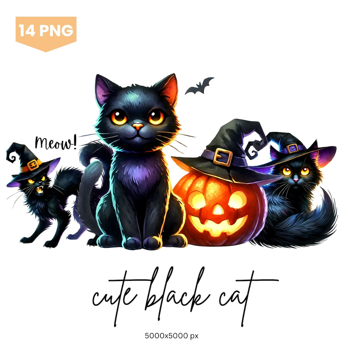 Cute Black Cat PNG Clipart, Watercolor Halloween PNG, Cute Spooky Cat ...