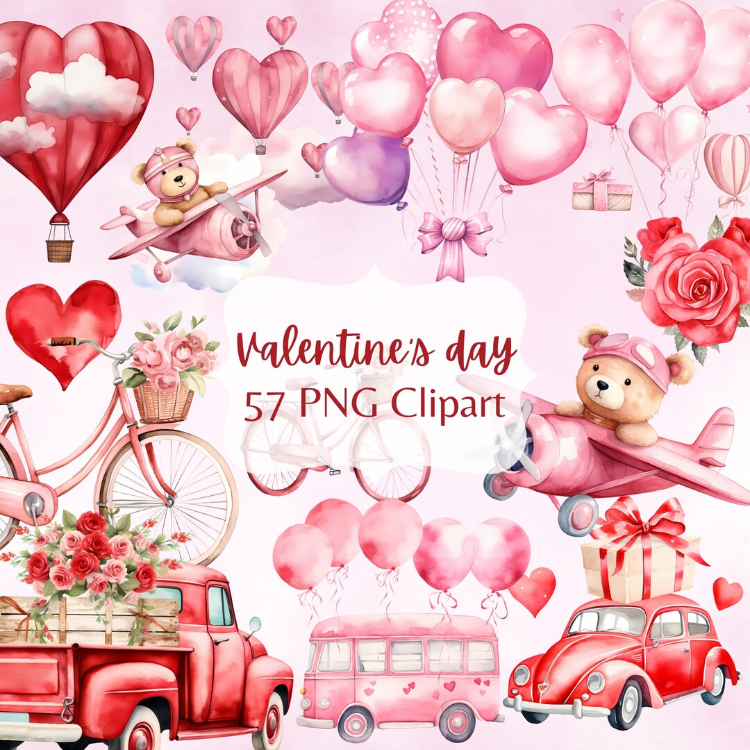 Watercolor Valentines Day Clipart, Cute Teddy Bear on a Plane, Hearts ...