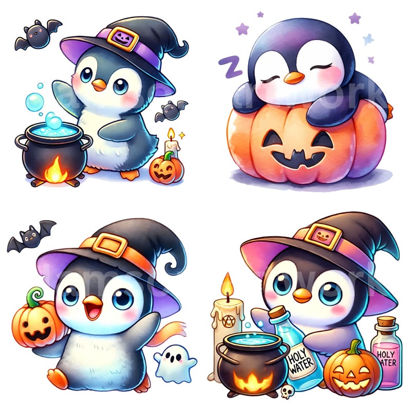 Cute Penguin T PNG Clipart, Watercolor Halloween PNG, Halloween Penguin ...