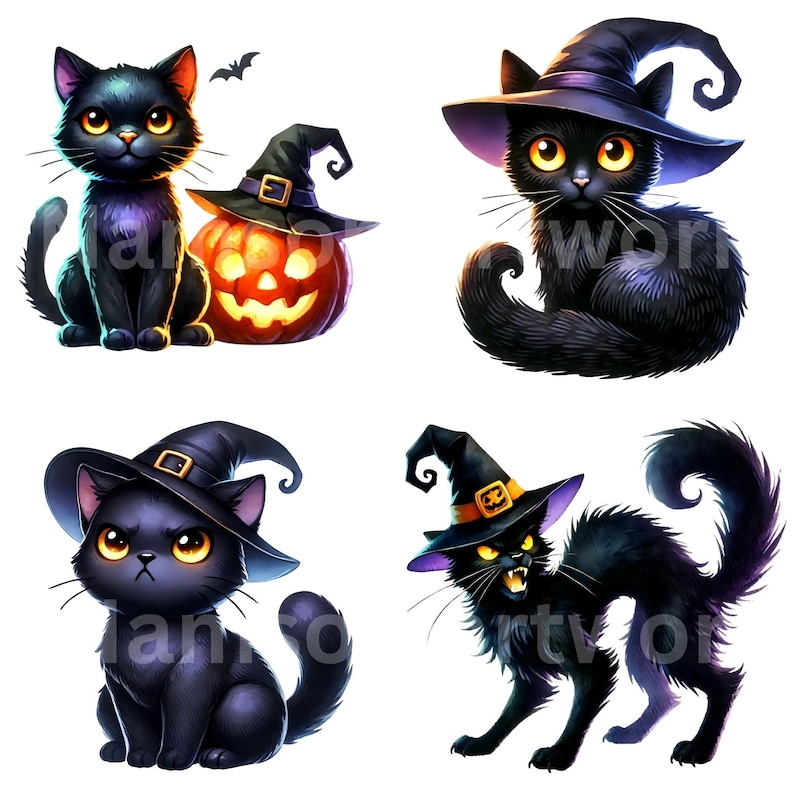 Cute Black Cat PNG Clipart, Watercolor Halloween PNG, Cute Spooky Cat ...