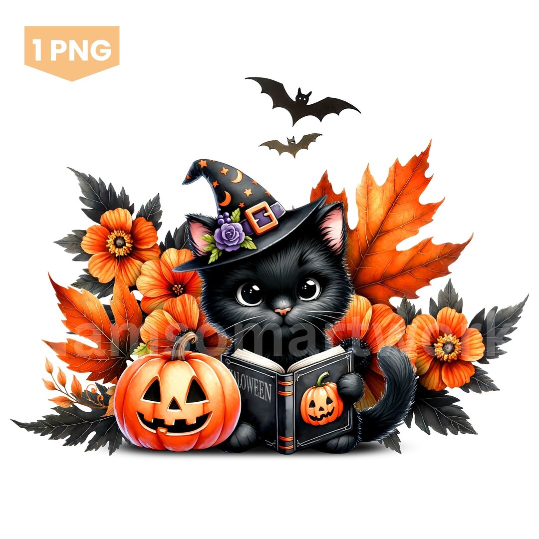 Cute Black Cat PNG Clipart, Watercolor Halloween PNG, Cute Spooky Cat ...
