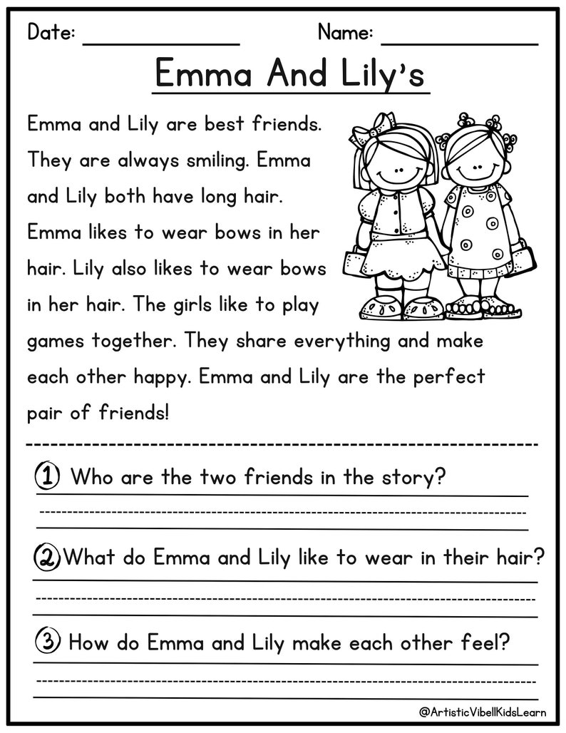 Reading Comprehension Printable Kindergarten First Grade Worksheets ...