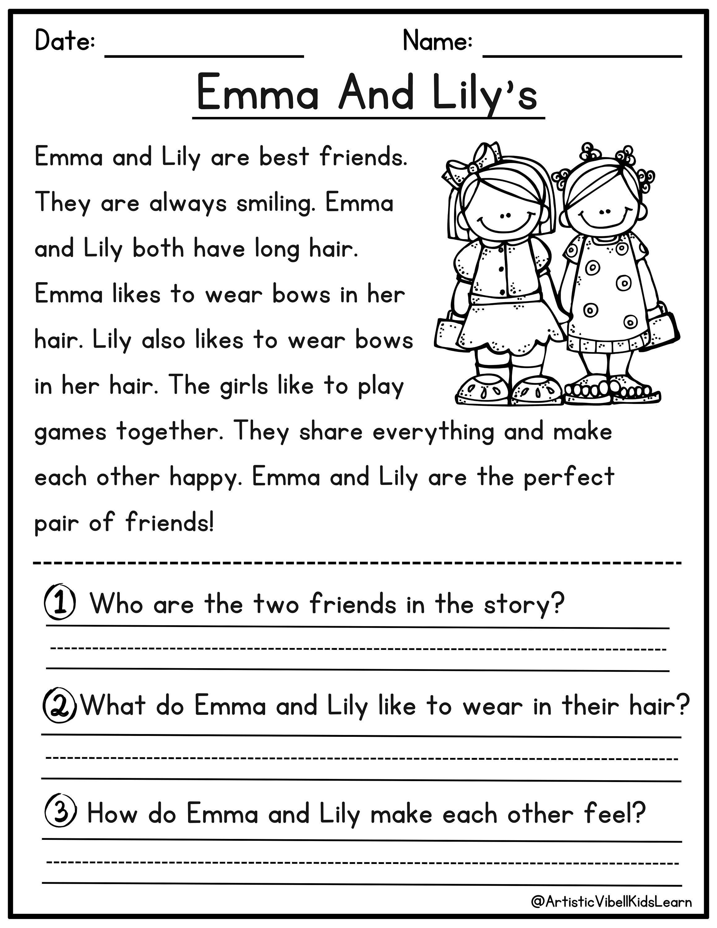 Reading Comprehension Printable Kindergarten First Grade Worksheets ...