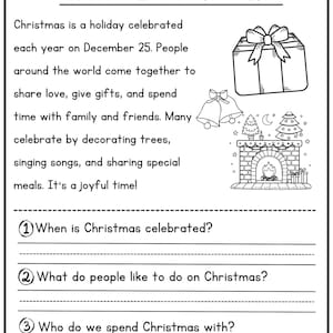 50 Christmas Reading Comprehension Printable - Kindergarten - First ...