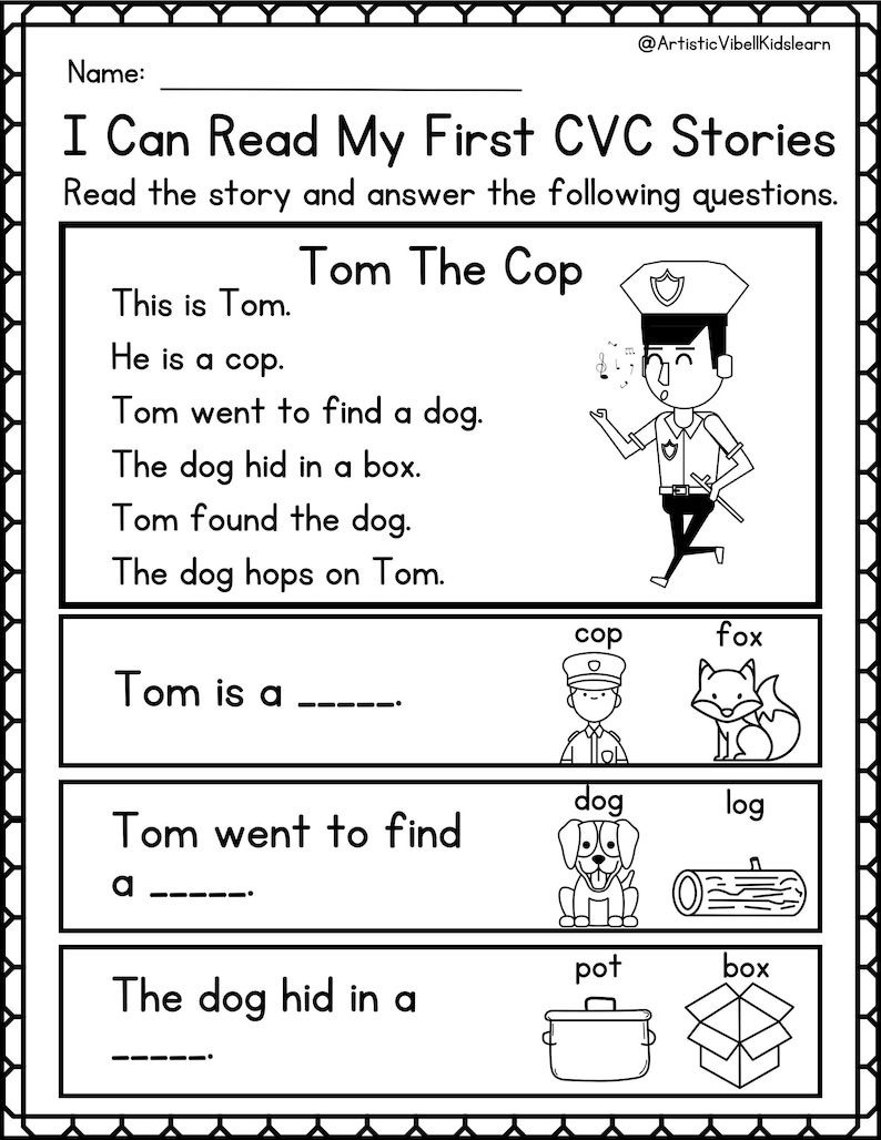 Phonics Worksheets My First CVC Sentences for Kindergarten and First ...