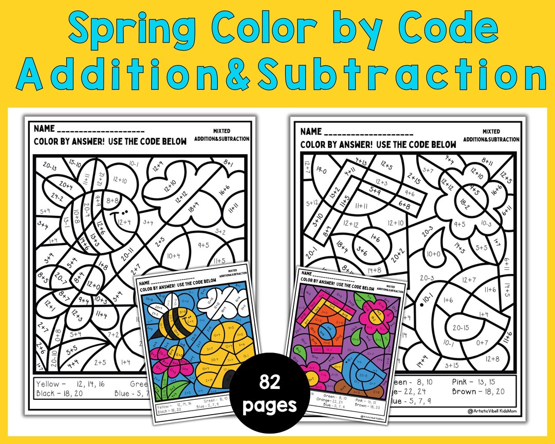 Color by Number Kids Printable Worksheets Spring Addition & Subtraction ...