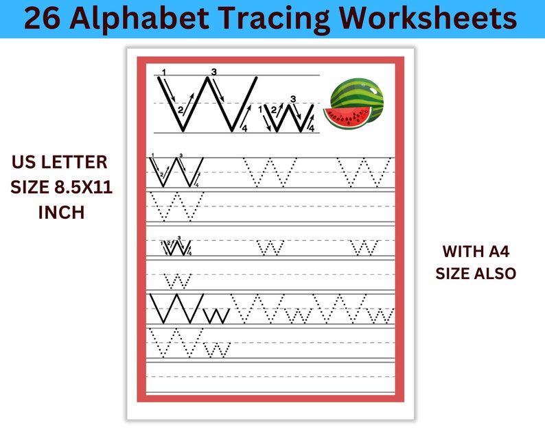 26 ABC Phonics Tracing Worksheet. Preschool Kindergarten Handwriting ...