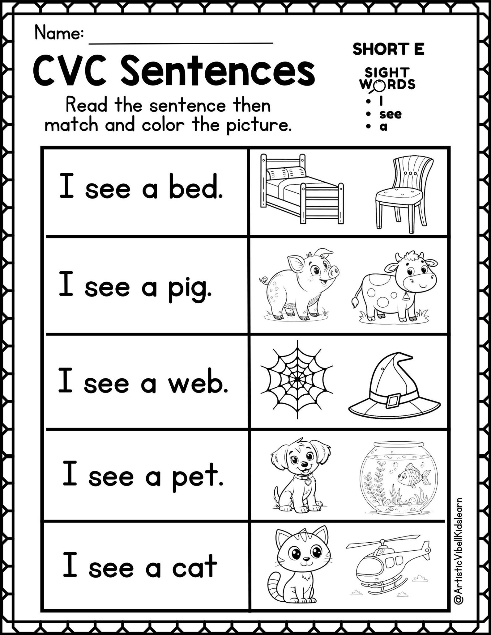 Phonics Worksheets My First CVC Sentences for Kindergarten and First ...