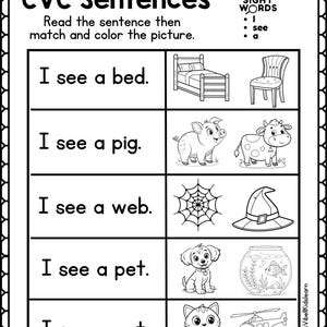 Phonics Worksheets My First CVC Sentences for Kindergarten and First ...