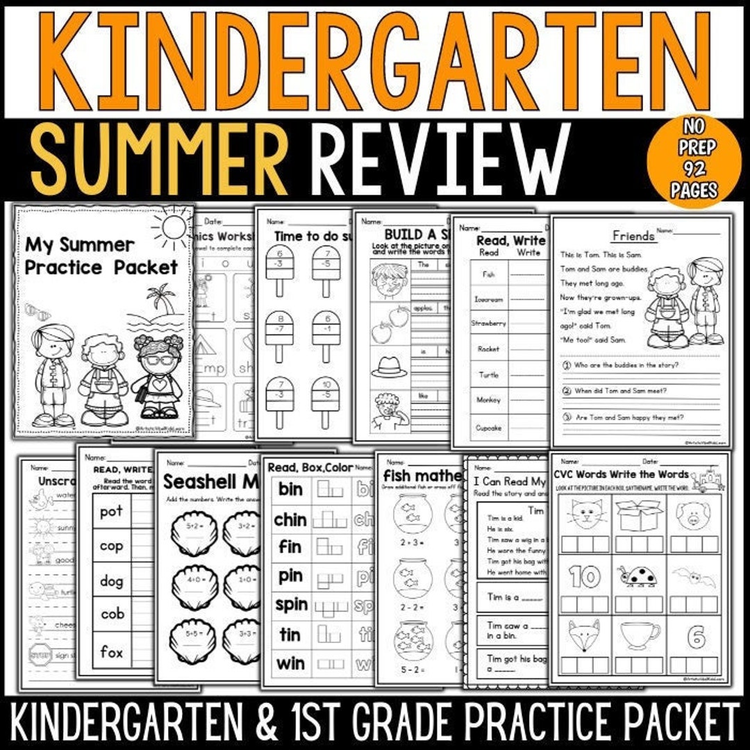 90 Kindergarten Summer Review Packet End of the Year Math and Reading ...