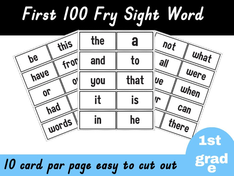 100 Printable Fry's First Hundred Sight Word Flashcards. Prek-1st Grade ...