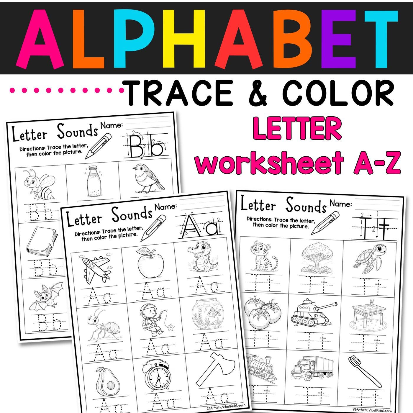 Alphabet Beginning Sounds Worksheets Letters Color & Trace Handwriting ...