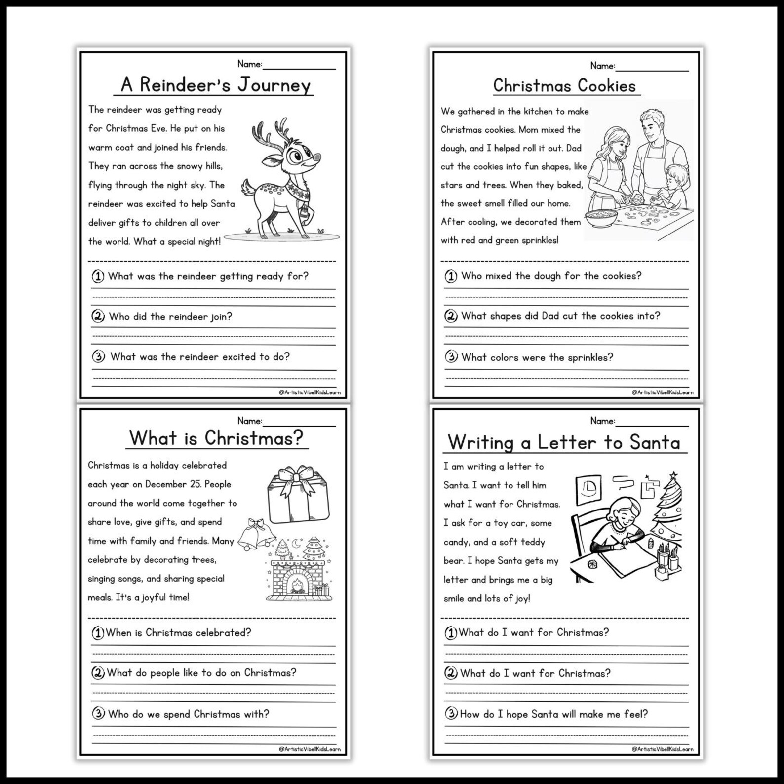 50 Christmas Reading Comprehension Printable - Kindergarten - First ...