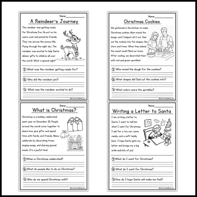 50 Christmas Reading Comprehension Printable - Kindergarten - First ...