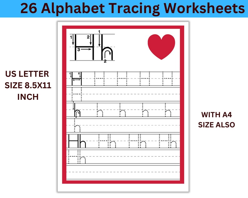 26 ABC Phonics Tracing Worksheet. Preschool Kindergarten Handwriting ...