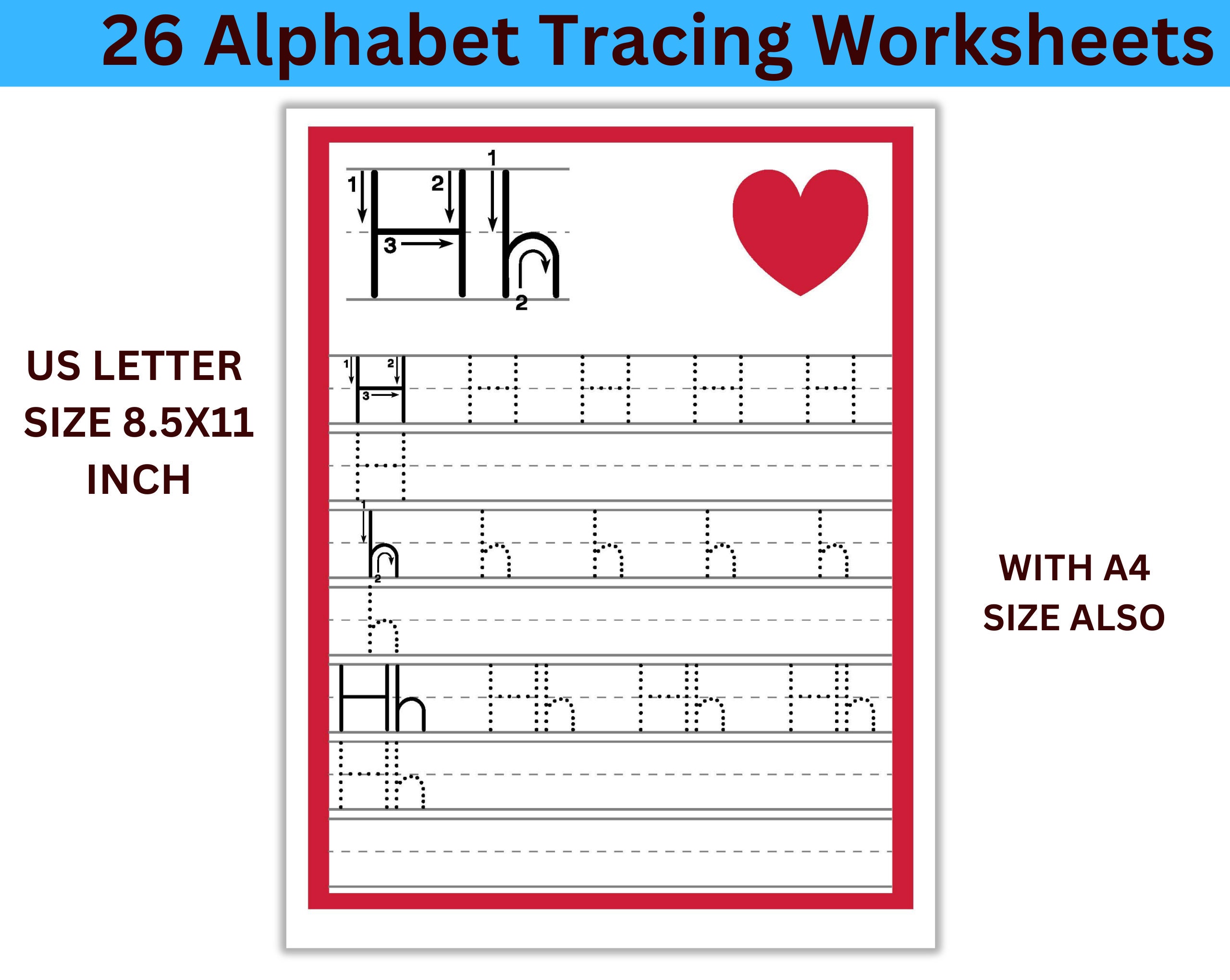 26 ABC Phonics Tracing Worksheet. Preschool Kindergarten Handwriting ...