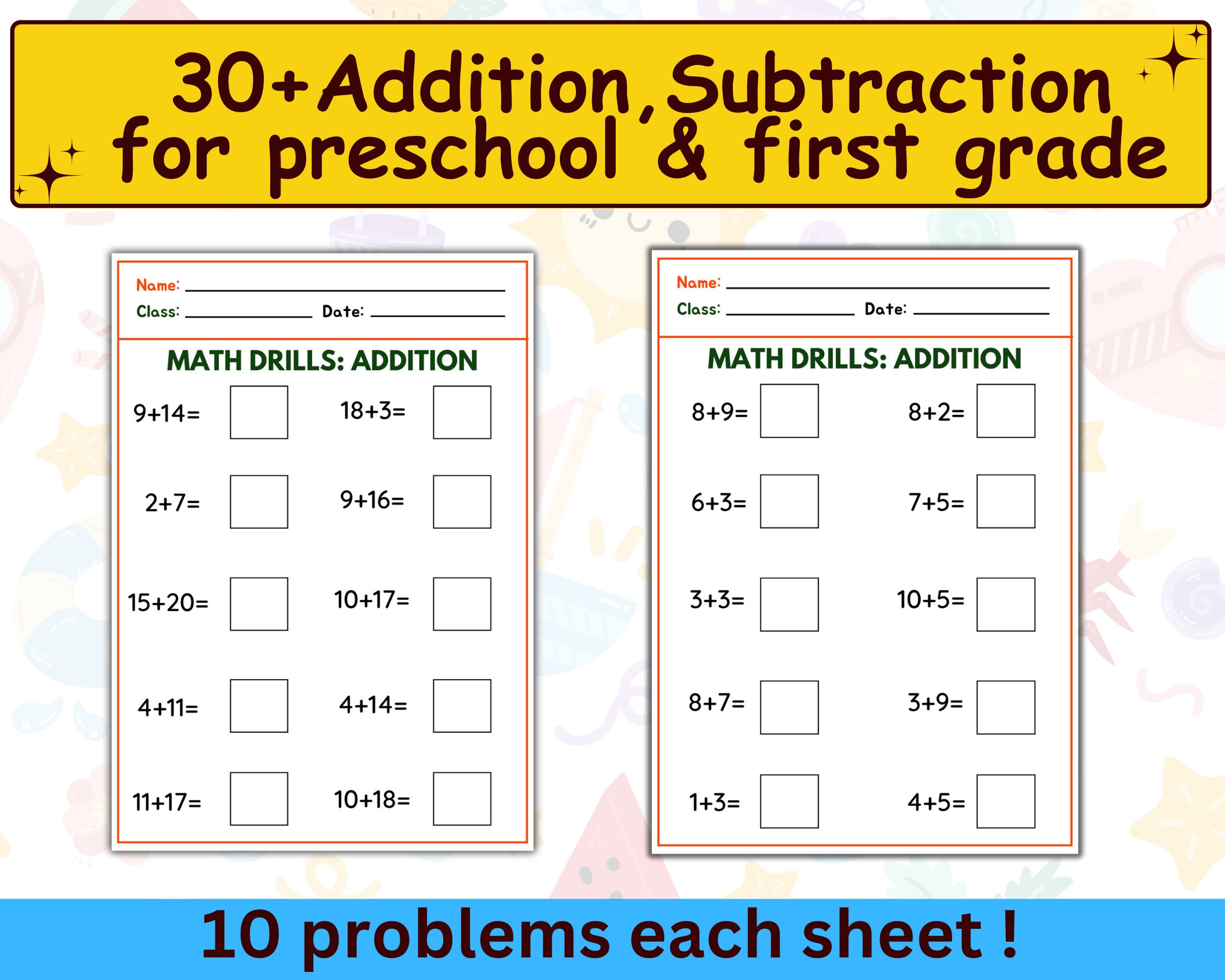 30 Math Worksheets Printable Instant Download Addition Subtraction Kids ...
