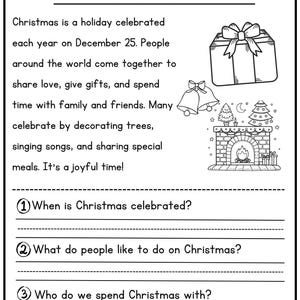 Christmas Reading Comprehension Printable - Kindergarten - First Grade ...