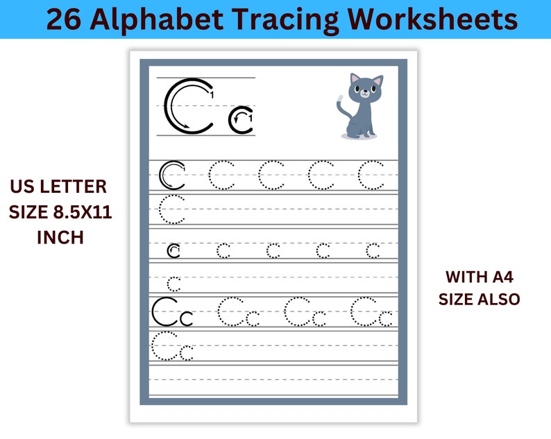26 ABC Phonics Tracing Worksheet. Preschool Kindergarten Handwriting ...