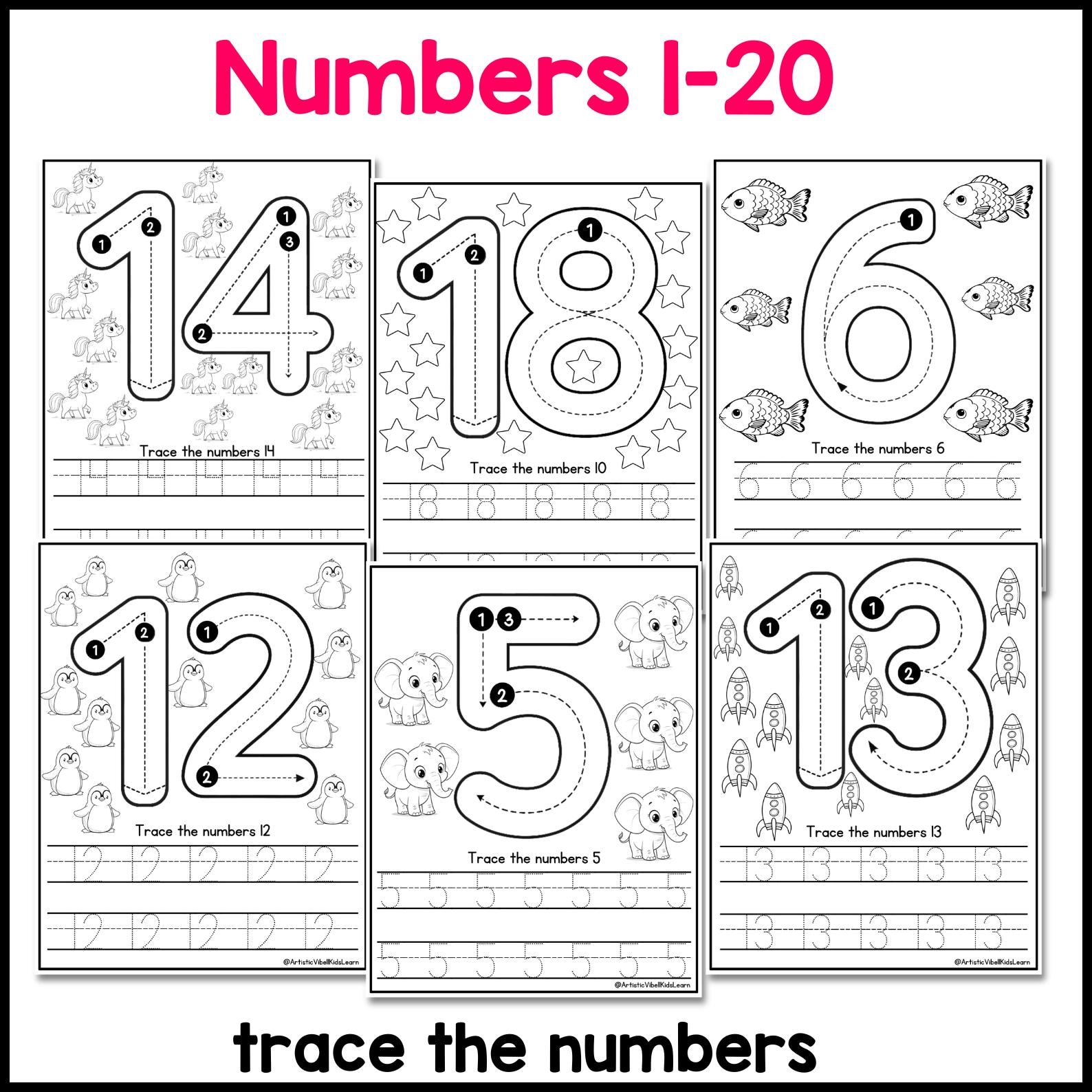Numbers 1-20 Trace, Count, and Color Worksheets Preschool Numbers ...