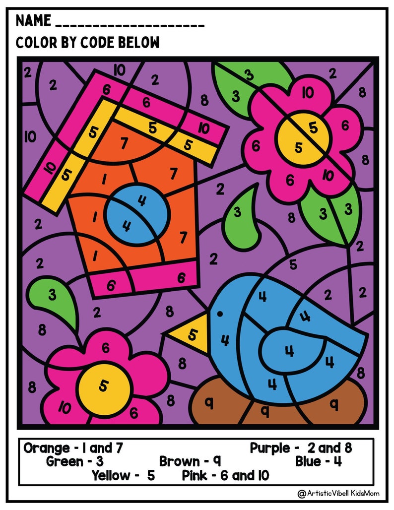 Color by Number Kids Printable Worksheets Spring Spring Addition ...