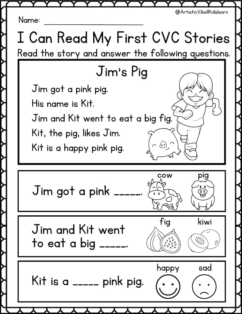 Phonics Worksheets My First CVC Sentences for Kindergarten and First ...