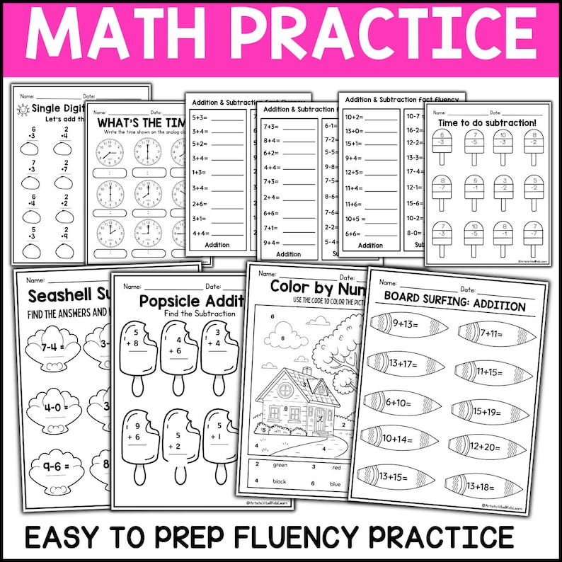 57 Math Worksheets Kindergarten-1st Grade. No Prep Addition and ...