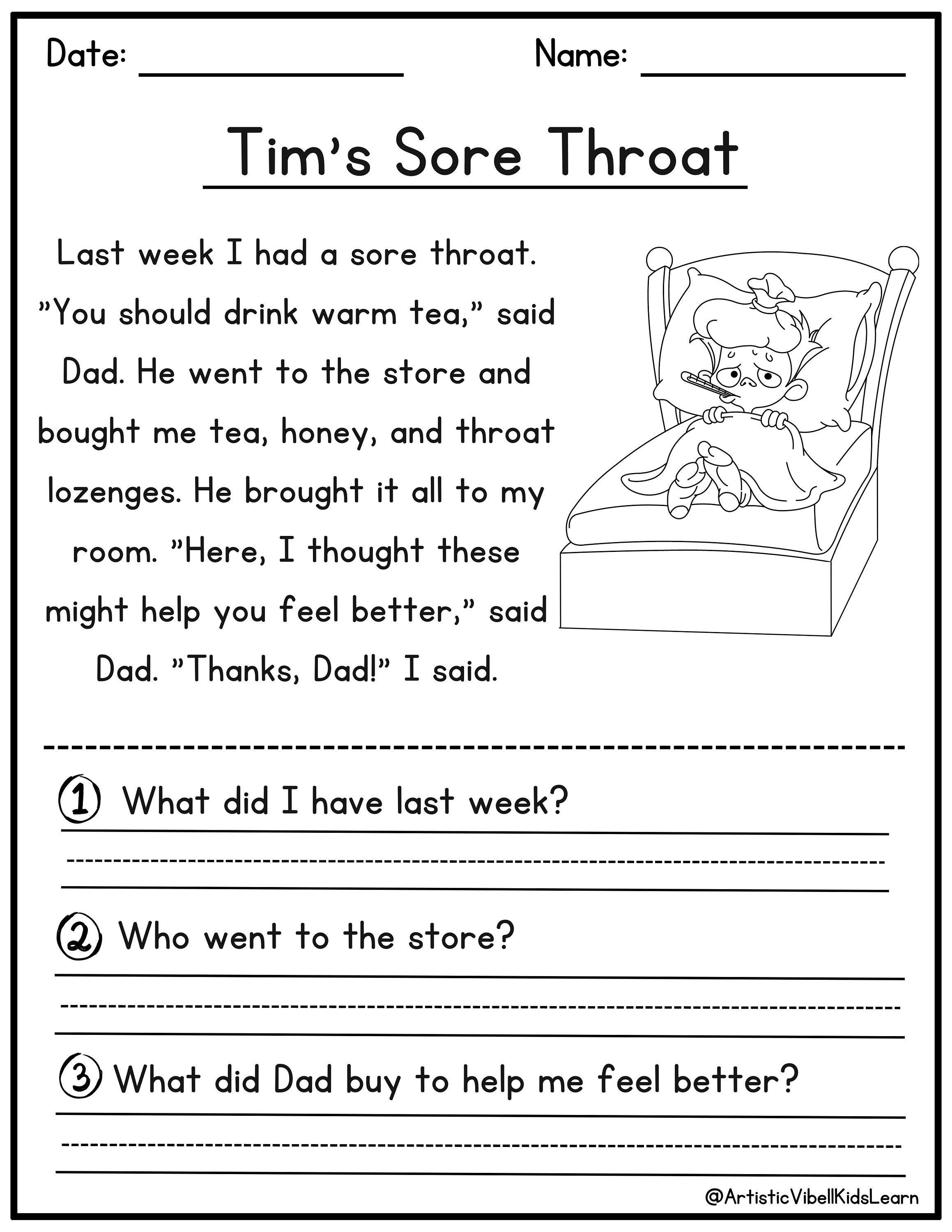 Reading Comprehension Printable Kindergarten First Grade Worksheets ...