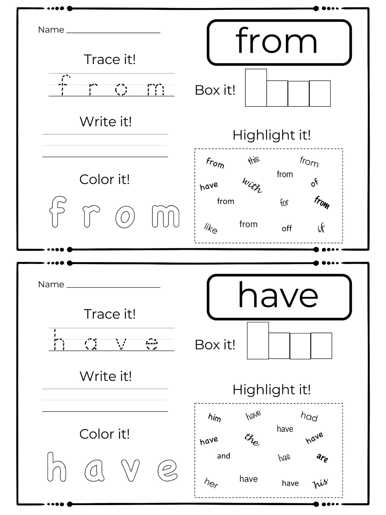 100 Engaging Sight Word Activity Worksheets for Kids Sight Word High ...