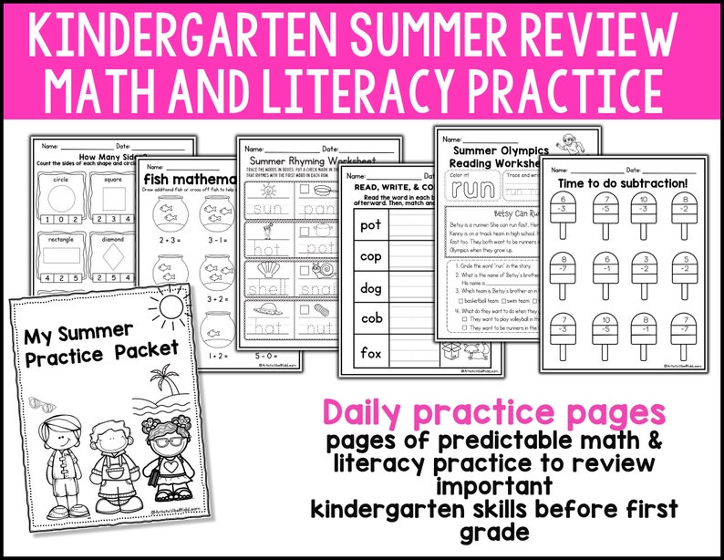 90 Kindergarten Summer Review Packet End of the Year Math and Reading ...