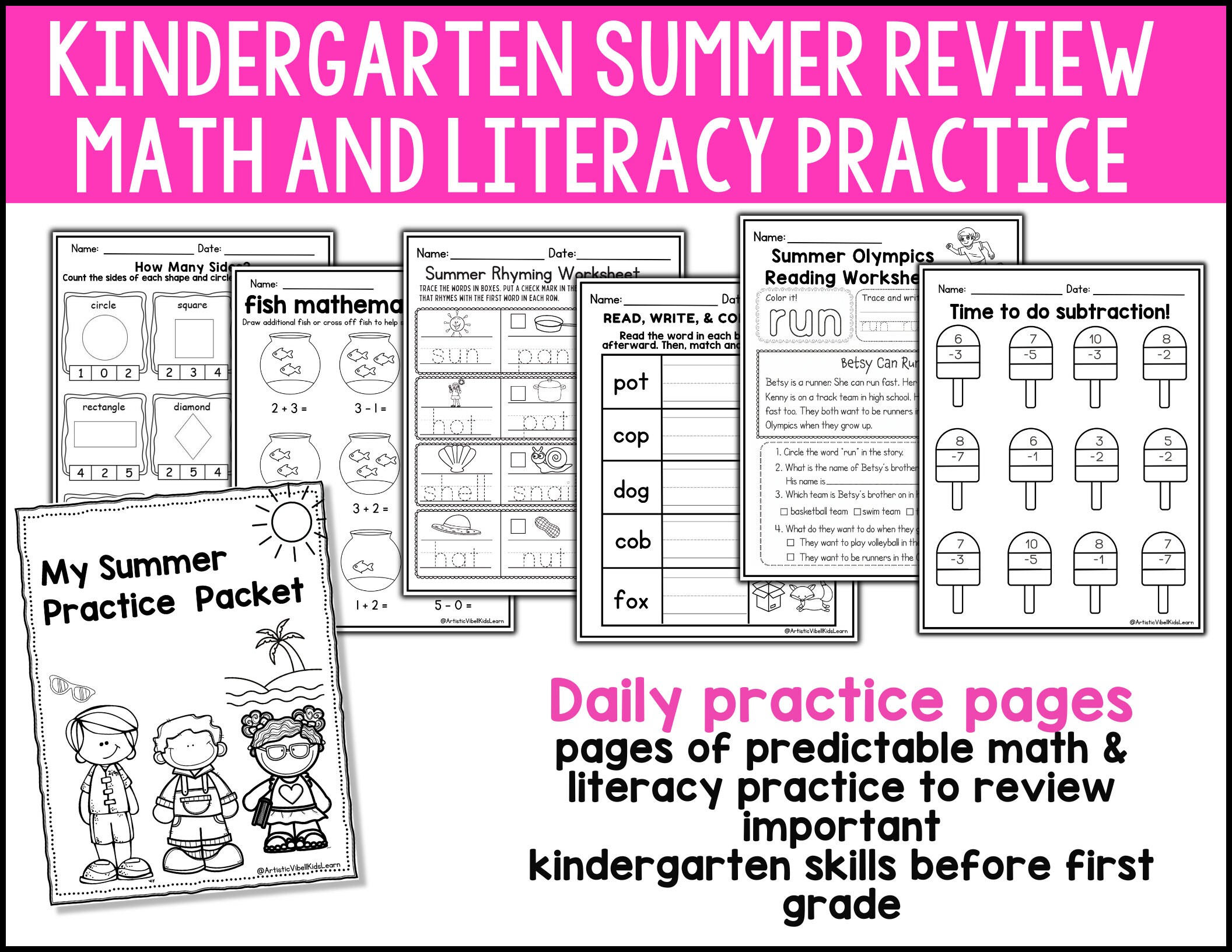 90 Kindergarten Summer Review Packet End of the Year Math and Reading ...
