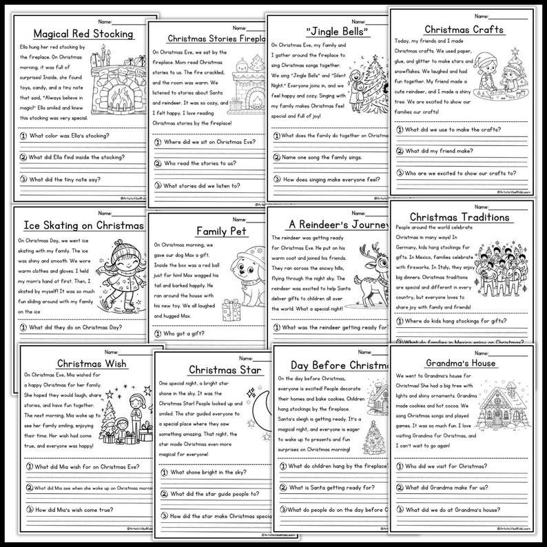 50 Christmas Reading Comprehension Printable - Kindergarten - First ...