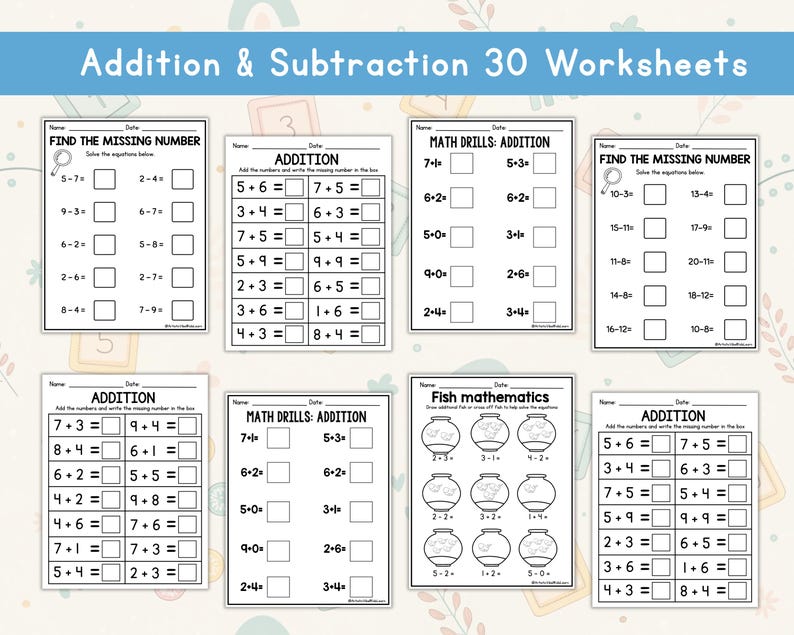 30 Printable Additition Fill in the Blanks Worksheets (numbers 1-20 ...