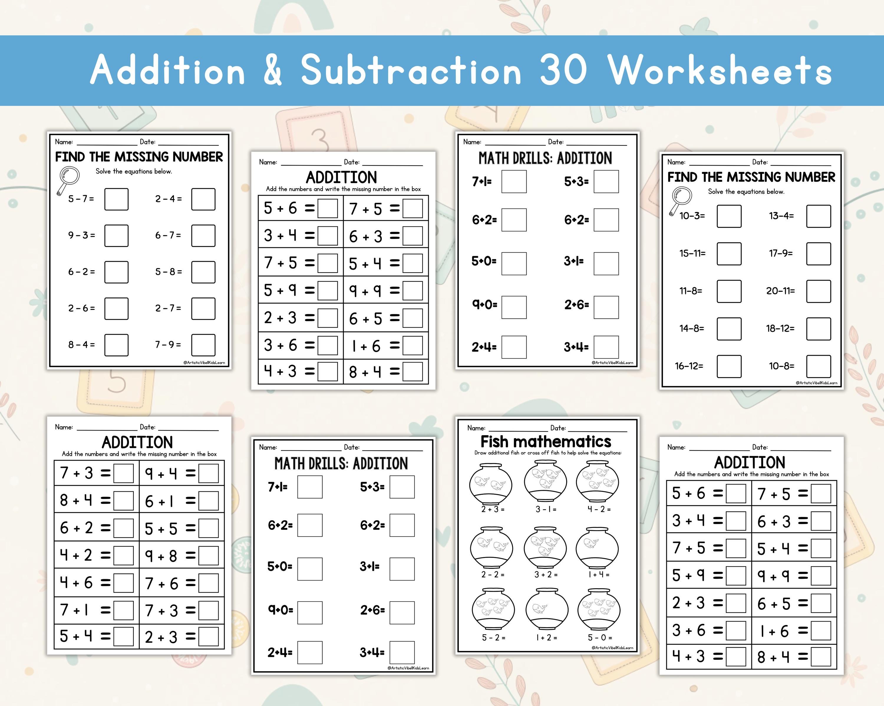 30 Printable Additition Fill in the Blanks Worksheets (numbers 1-20 ...