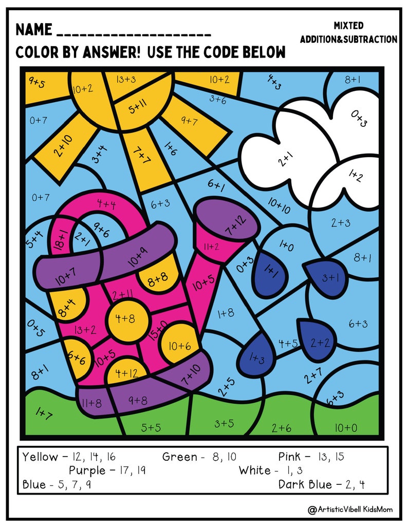 Color by Number Kids Printable Worksheets Spring Spring Addition ...