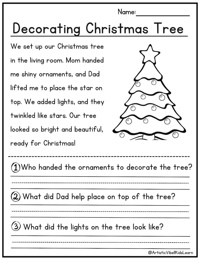 Christmas Reading Comprehension Printable - Kindergarten - First Grade ...