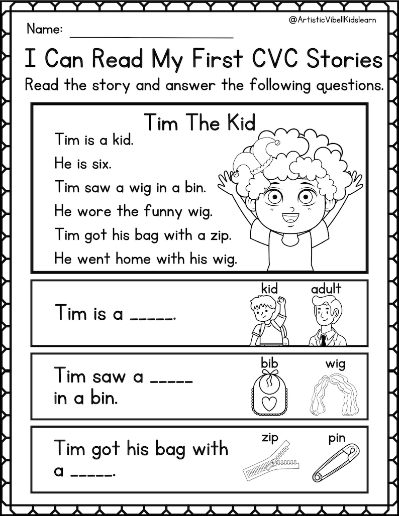 Phonics Worksheets My First CVC Sentences for Kindergarten and First ...