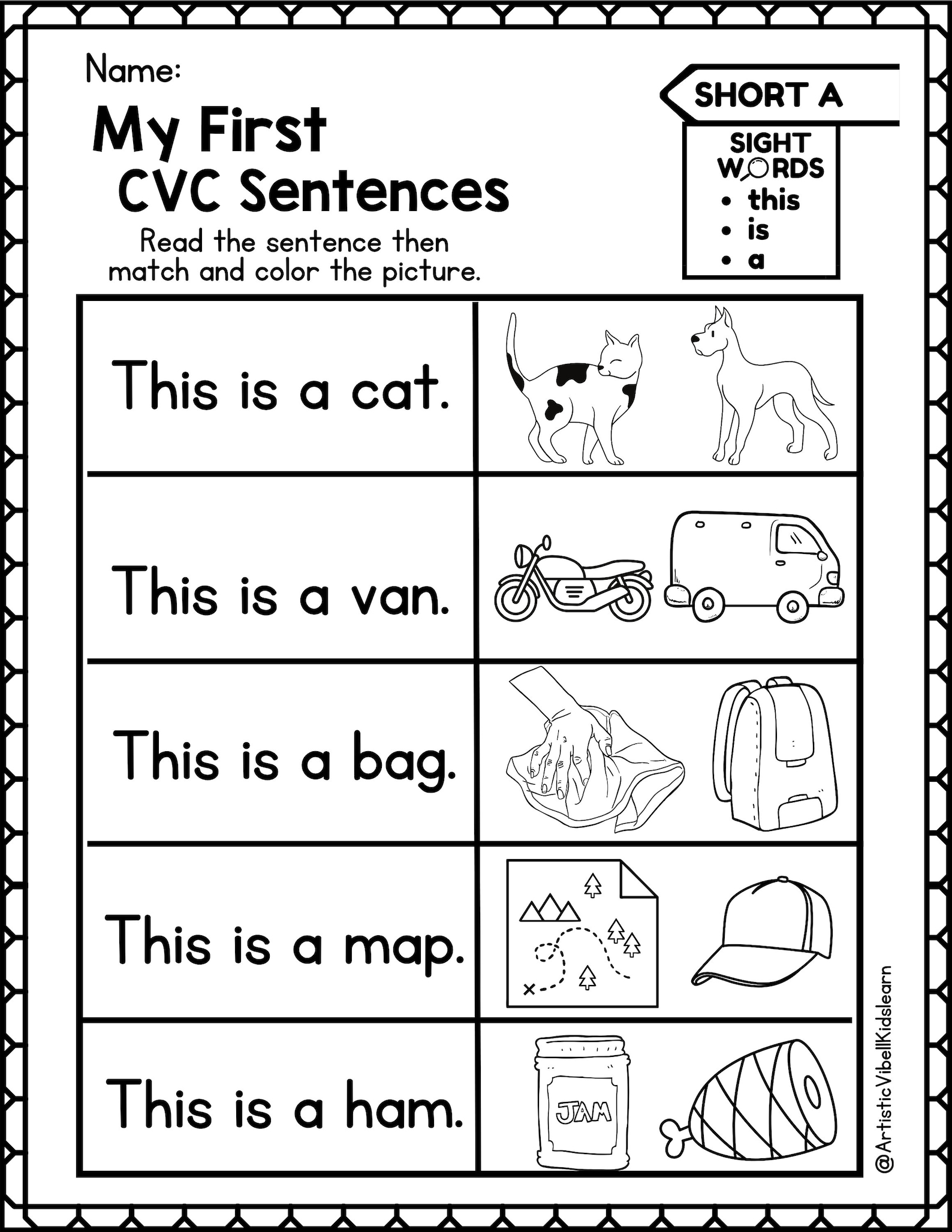 Phonics Worksheets My First CVC Sentences for Kindergarten and First ...