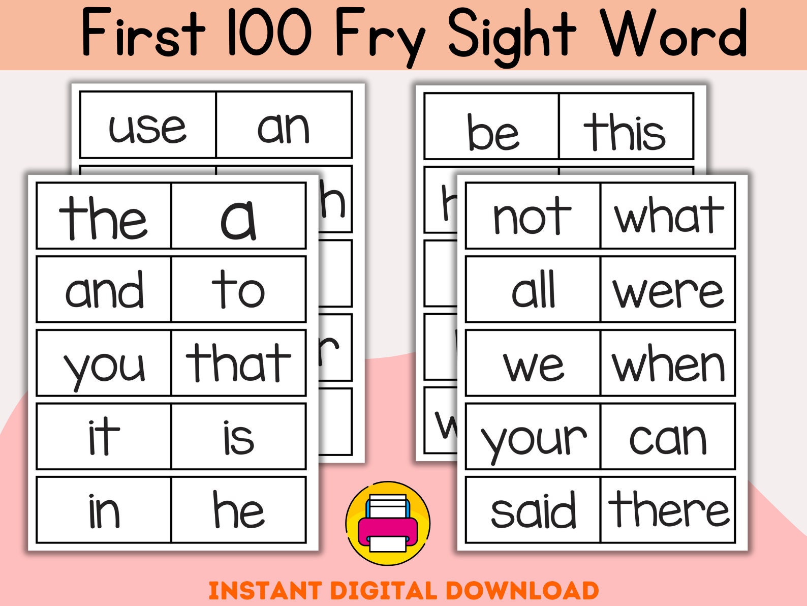 100 Printable Fry's First Hundred Sight Word Flashcards. Kindergarten ...